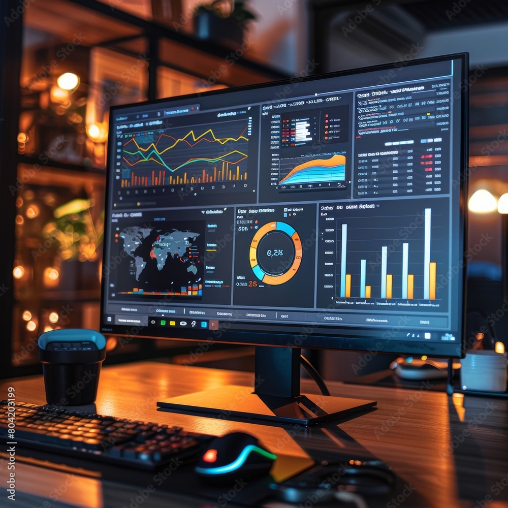 A digital workspace with a monitor displaying diverse analytics ...