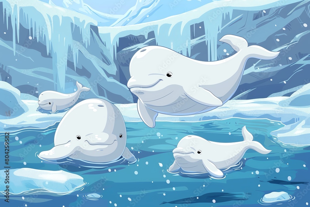 Beluga whale family, cartoon vector, friendly expressions, icy Arctic ...