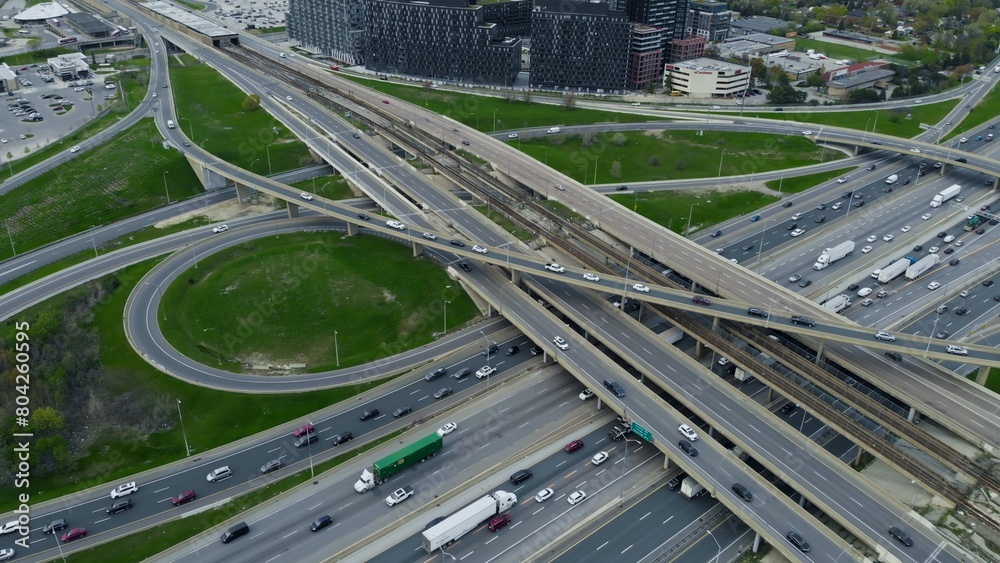 Dense traffic flows on urban road network, aerial capture shows non ...