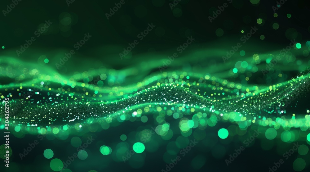 Abstract green particles background with bokeh lights and space for text. Glitter effect on dark ...