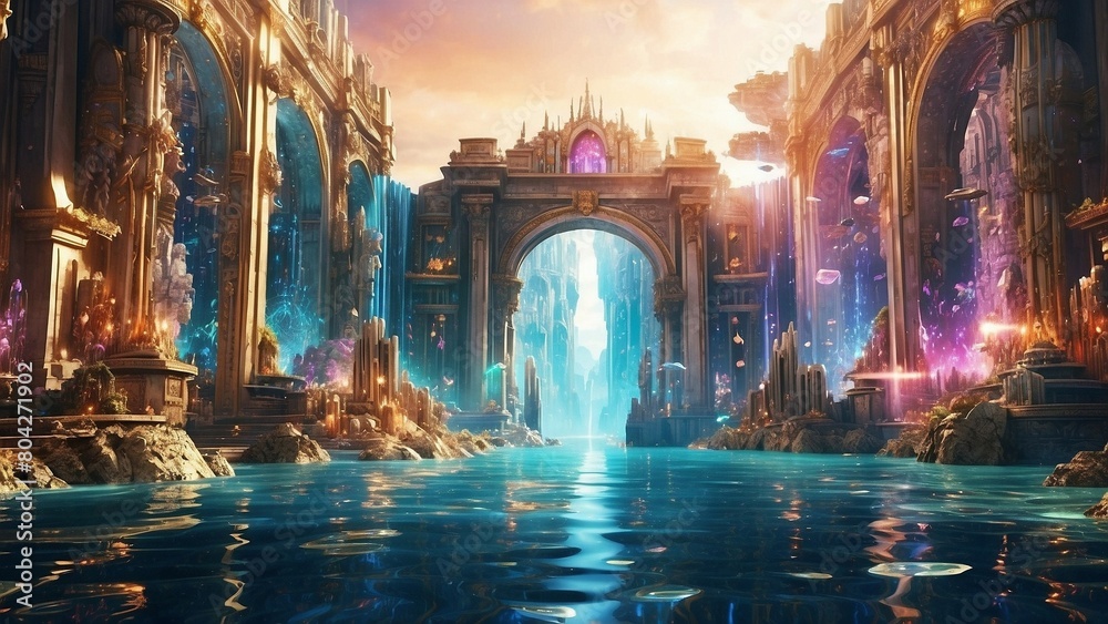 Amazing underwater hidden city Atlantis with portals and columns, gods ...