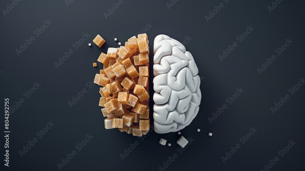 Sugar cubes and human brain on dark background. Commentary on sugar and ...
