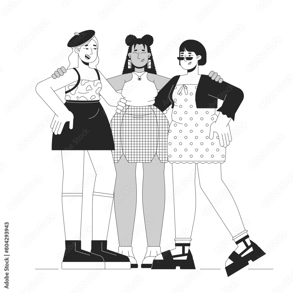 Diverse plus sized women in stylish clothes black and white 2D line ...