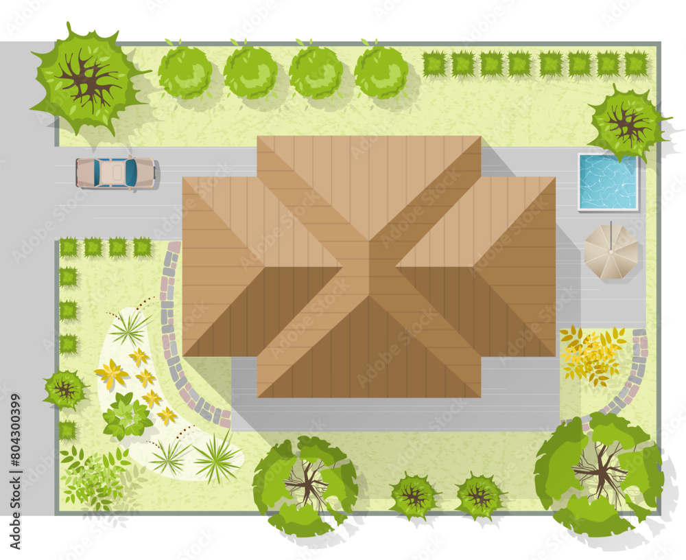 Landscape design plan with house, courtyard, lawn and garage top view ...