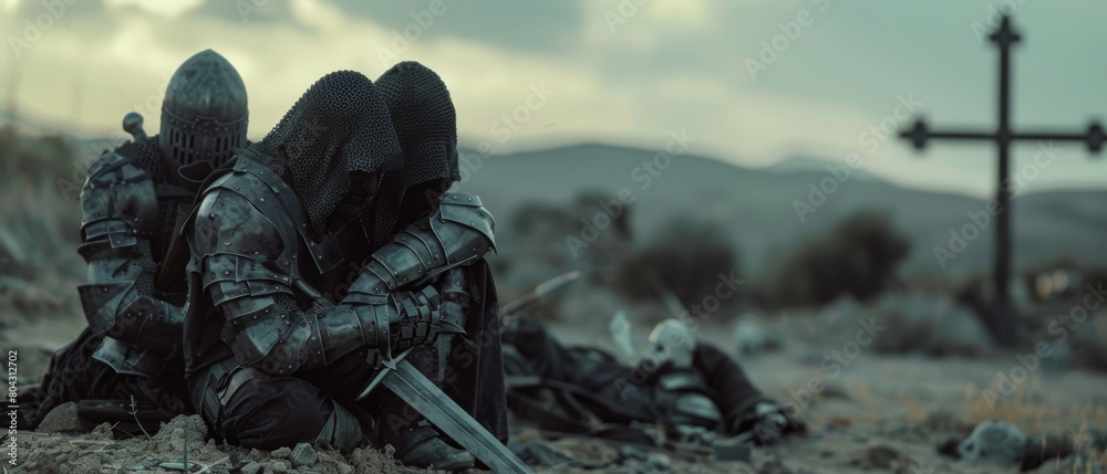 Foto de Stock Knights on battlefield surrounded by dead enemies. Last ...