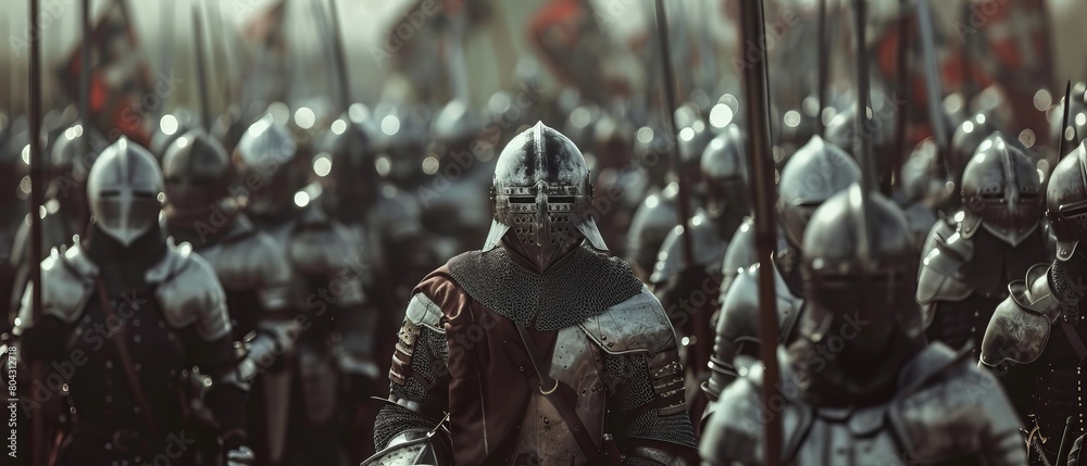 Dramatic historical reenactment of medieval soldiers marching on a ...