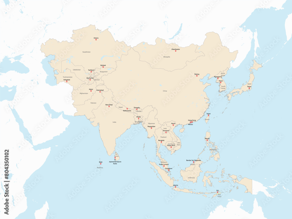 Light red detailed political map of ASIA with country and capital ...