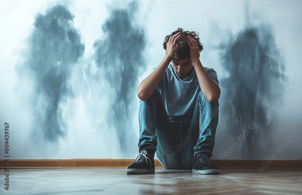 depressed sad young male teen with mental disorders sits on floor ...
