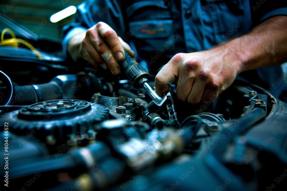 Auto mechanic working under the hood of a car, Hands of mechanic using ...