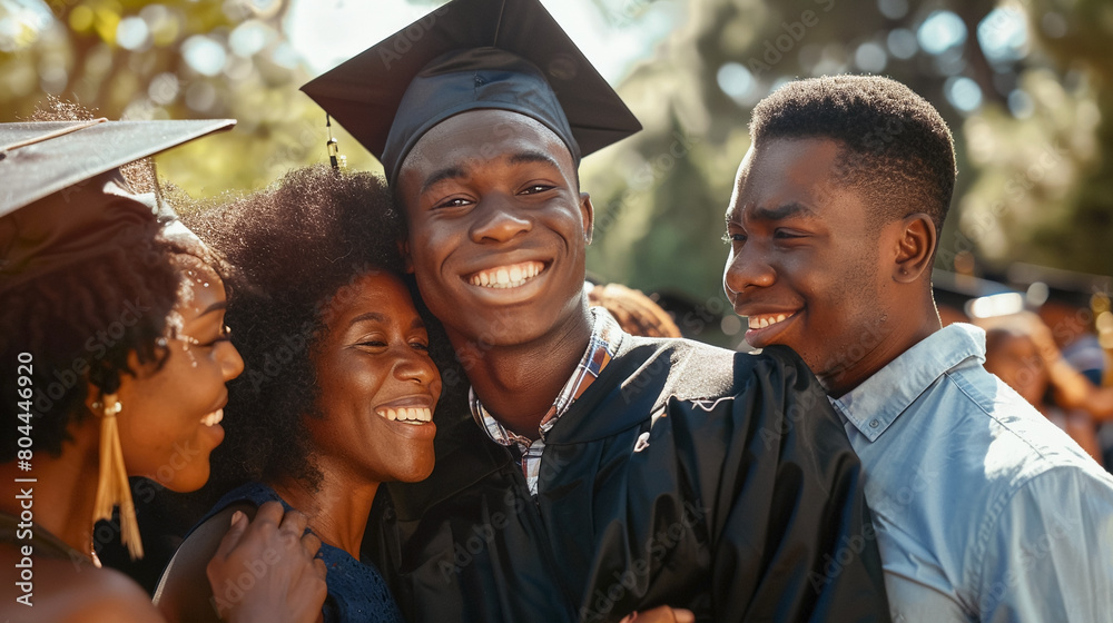 Black student in black graduation cap and gowns, student hugging her ...