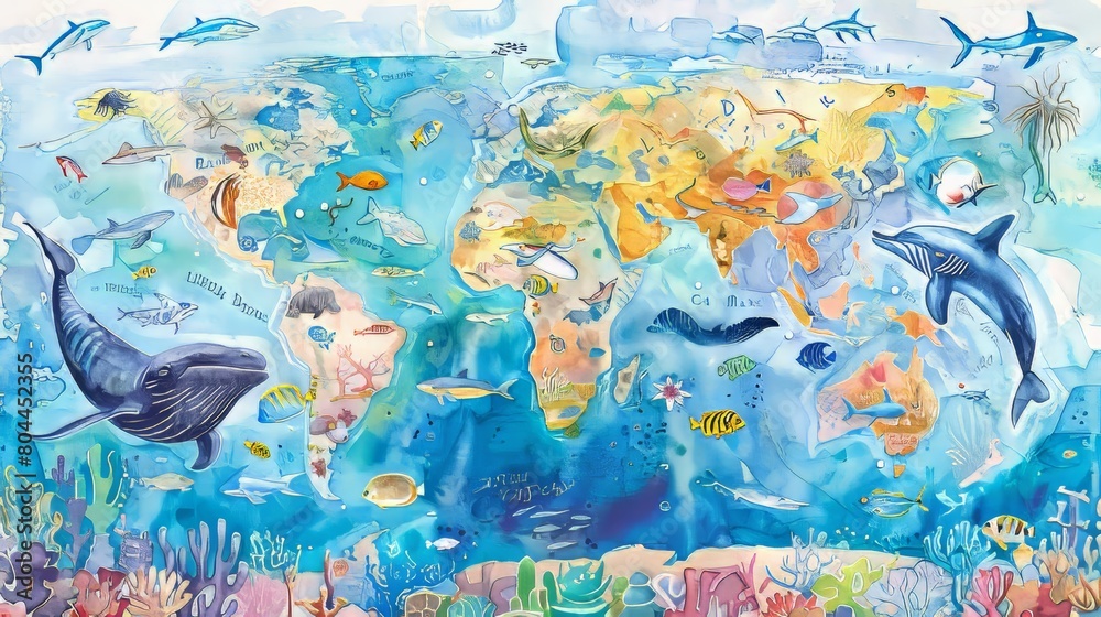Playful watercolor of an undersea world map, regions depicted by ...