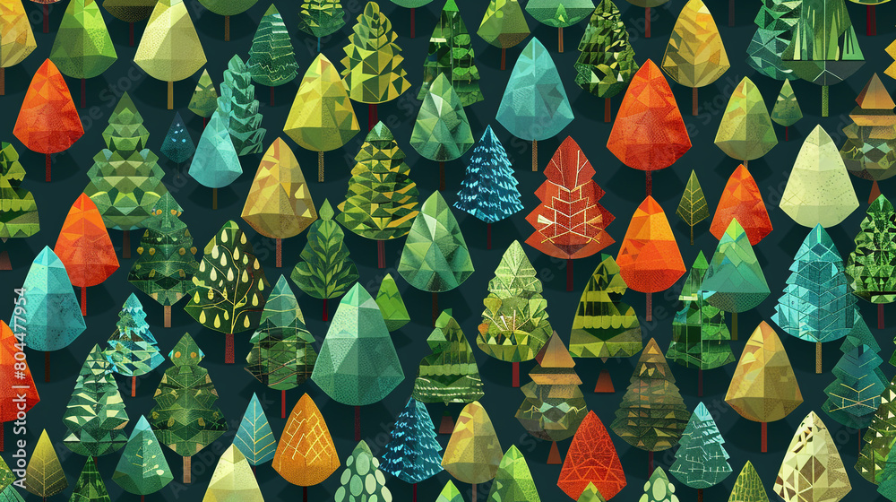 A forest made of geometric shapes, where each tree is represented by ...
