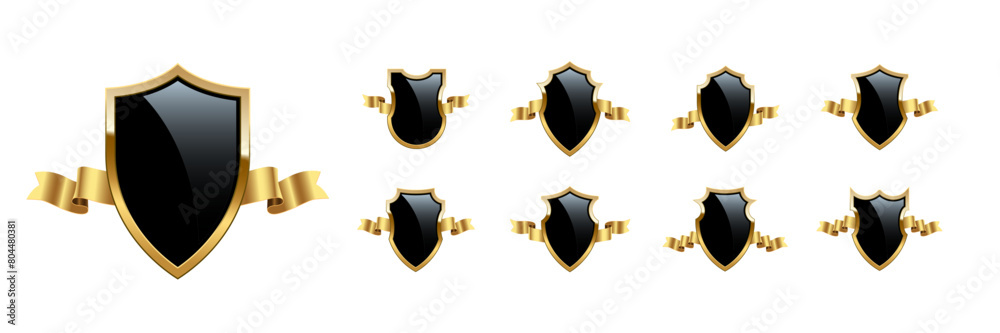 Black shields with golden frame and ribbons vector set for emblem ...