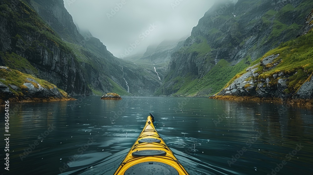 Kayaking through fjords in Norway, serene waters, towering cliffs ...
