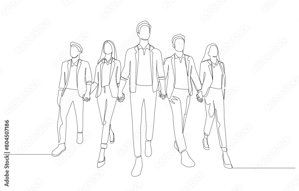 Continuous one line drawing of business team holding hands moving ...