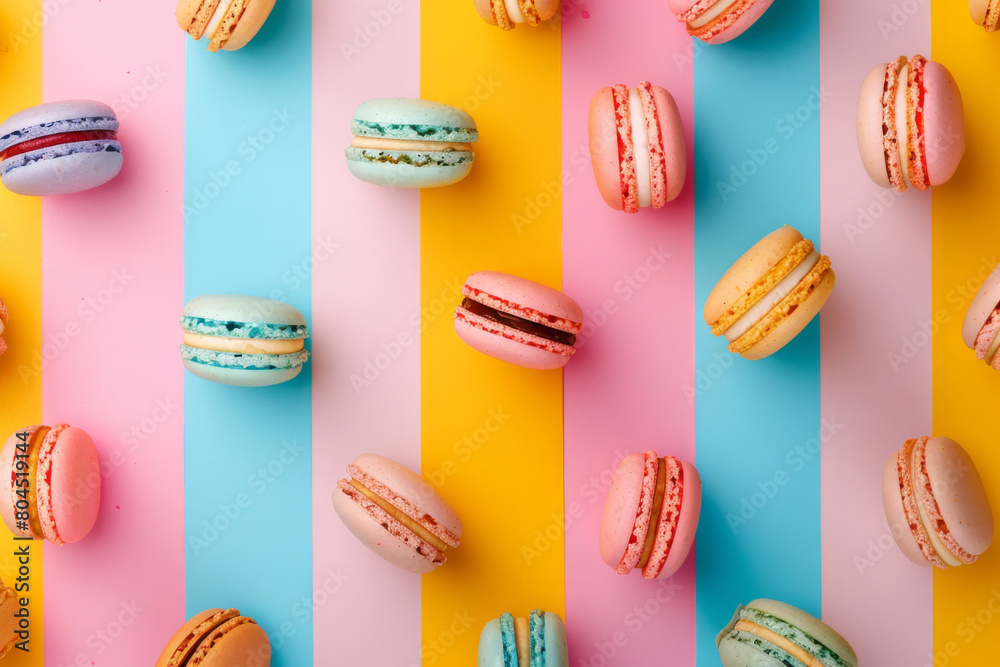 Array of colorful macarons patterned across a split pastel pink and ...