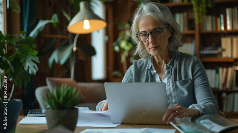 Mature woman therapist working on laptop, sit at desk with papers ...