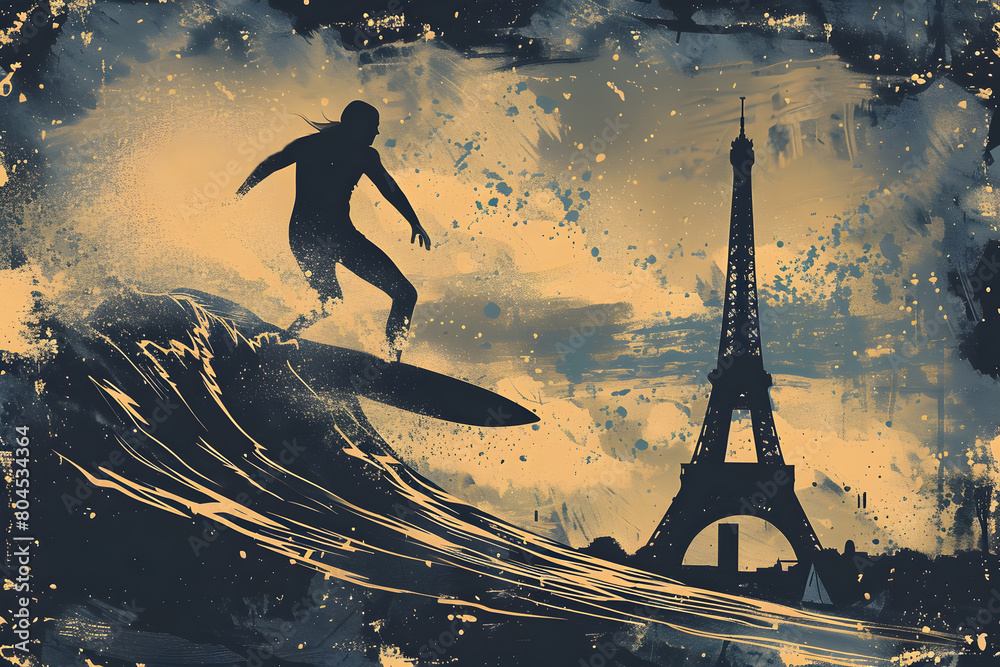 A fictional view of Paris. Sportsman surfer conquers the wave against ...