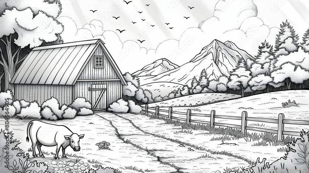 Farm, coloring page for kids, landscape Stock Illustration | Adobe Stock