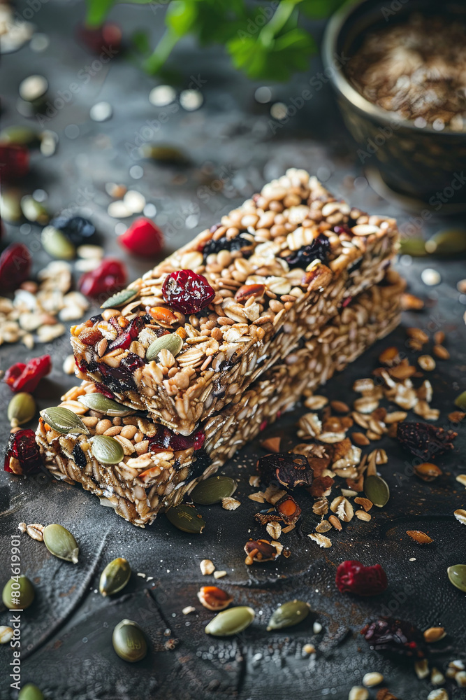 Dense and nutritious cereal bars, with visible pieces of dried fruit ...
