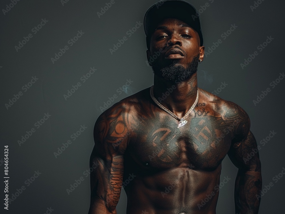 A portrait of a shirtless rapper with a muscular body and a cap ...