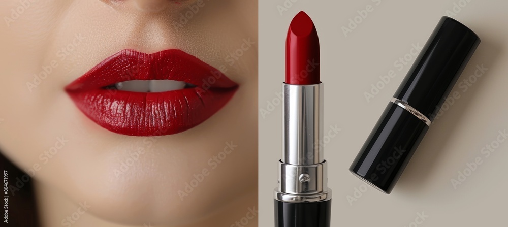 Vibrant close up bold red lipstick with luxurious glossy texture in ...