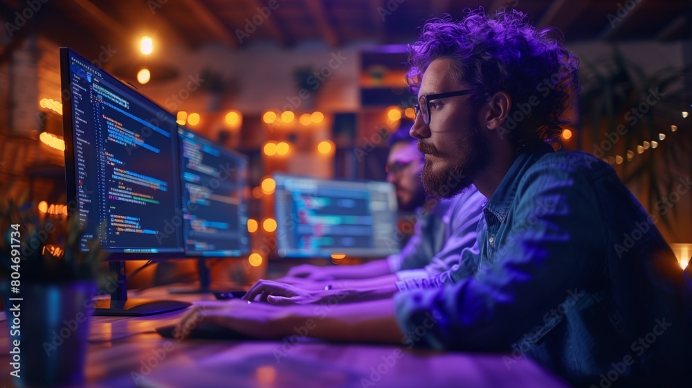 Tech startup team debugging software on dual monitors, intense focus in ...