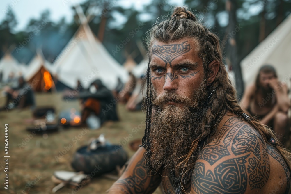 Tattooed viking man in traditional attire within a historical ...