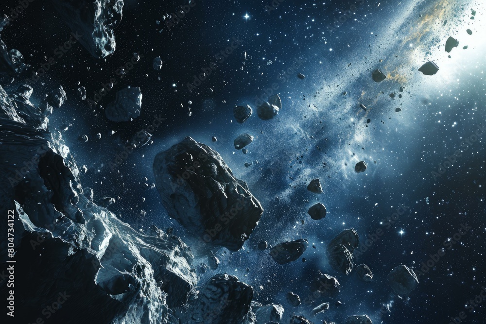 Myriad Various asteroid rocks flying on space field. Galaxy dangerous ...