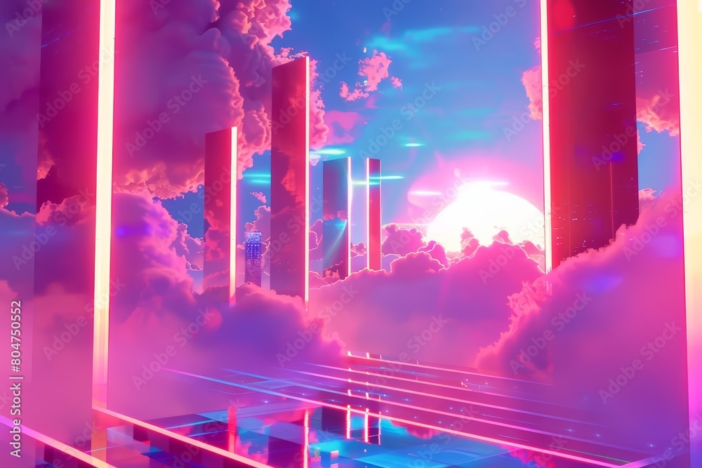 Vaporwave retro futurism,liminal space,pastel pink blue sky,city in the ...