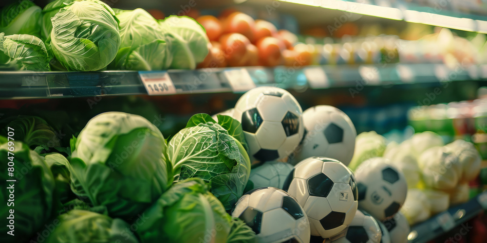 Vegetable section of the supermarket. Classic soccer balls are sold ...