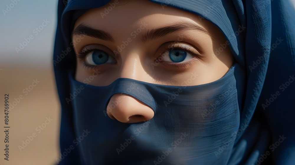 Close-Up Portrait of Young Muslim Woman in Blue Burqa with Hidden Face ...