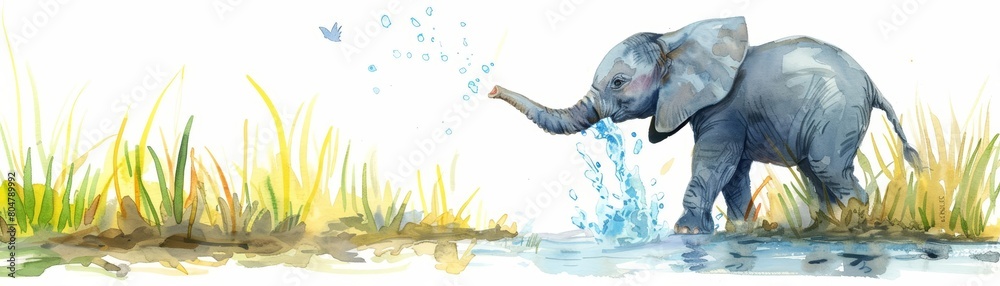 A watercolor painting of a so cute baby elephant splashing water with ...