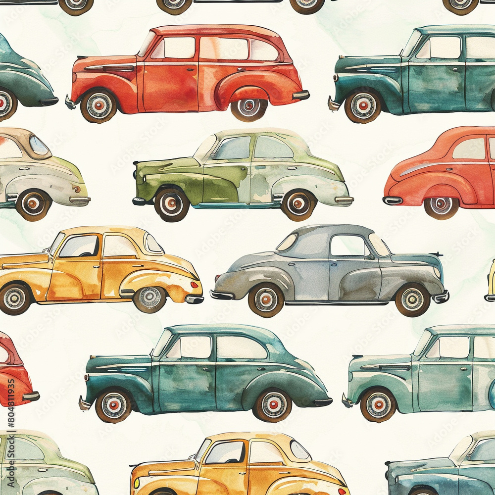 Watercolor painting of a colorful car pattern with a vintage feel. The ...