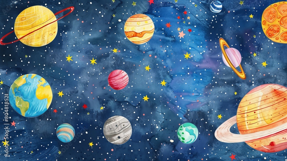 Watercolor illustration of the solar system with colorful planets in ...