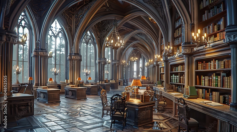 Magnificent a large ancient library with high gothic arches, stained ...