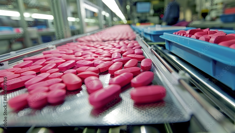 Rows of bright pink medication tablets moving along a conveyor belt in ...