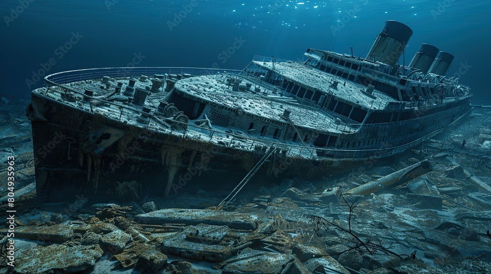 Titanic shipwreck lying silently on the ocean floor. The image ...