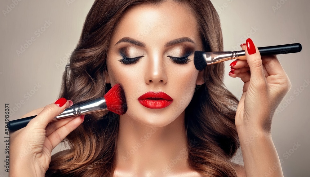 Beautiful woman doing makeup at parlor. A beautician works her magic ...