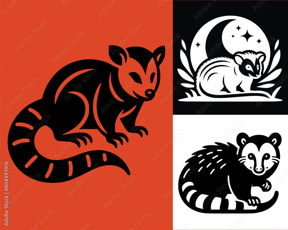 Black Opossum icons and silhouettes.Set of illustrations in different ...