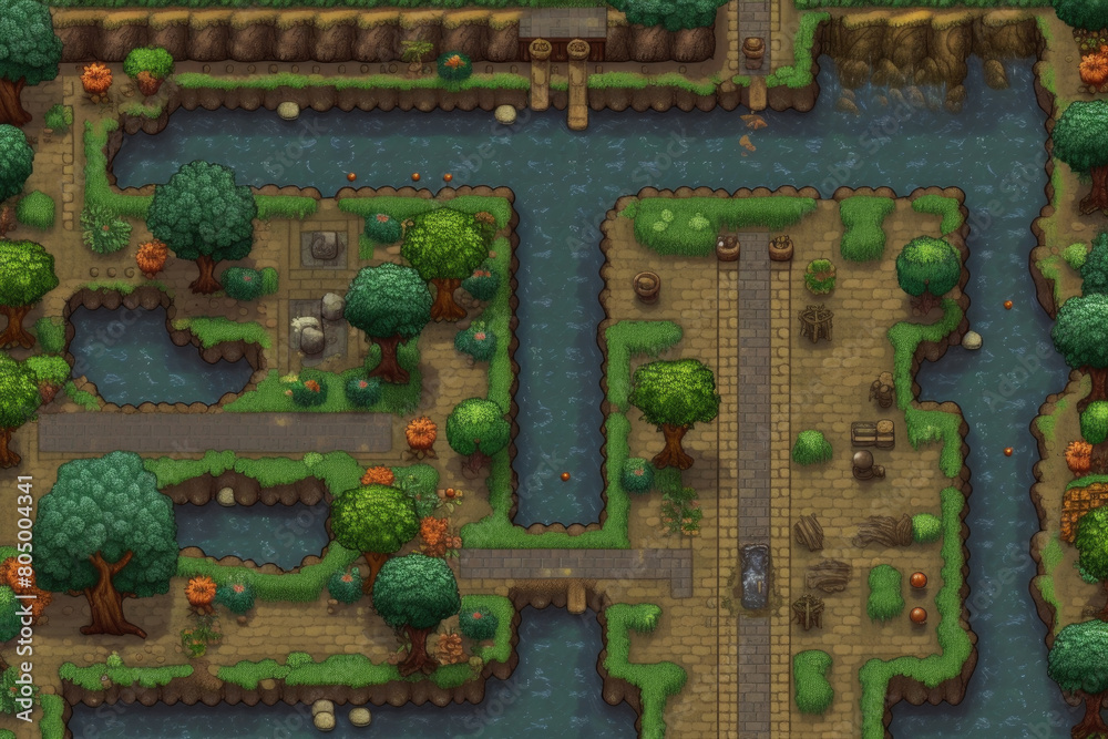 A detailed map of a park showing the layout with various types of trees ...