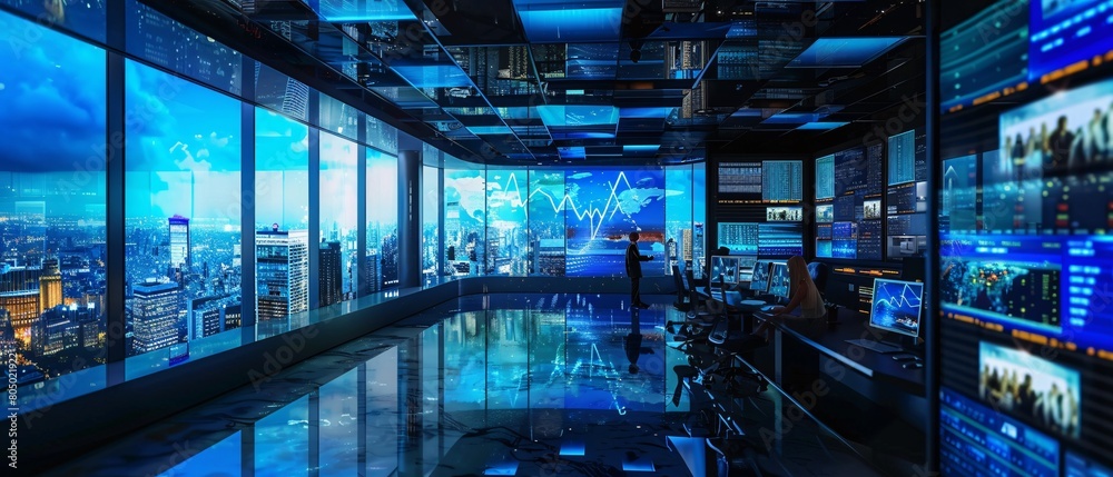 Monitor room on a skyscraper building There is a large mirror where you ...