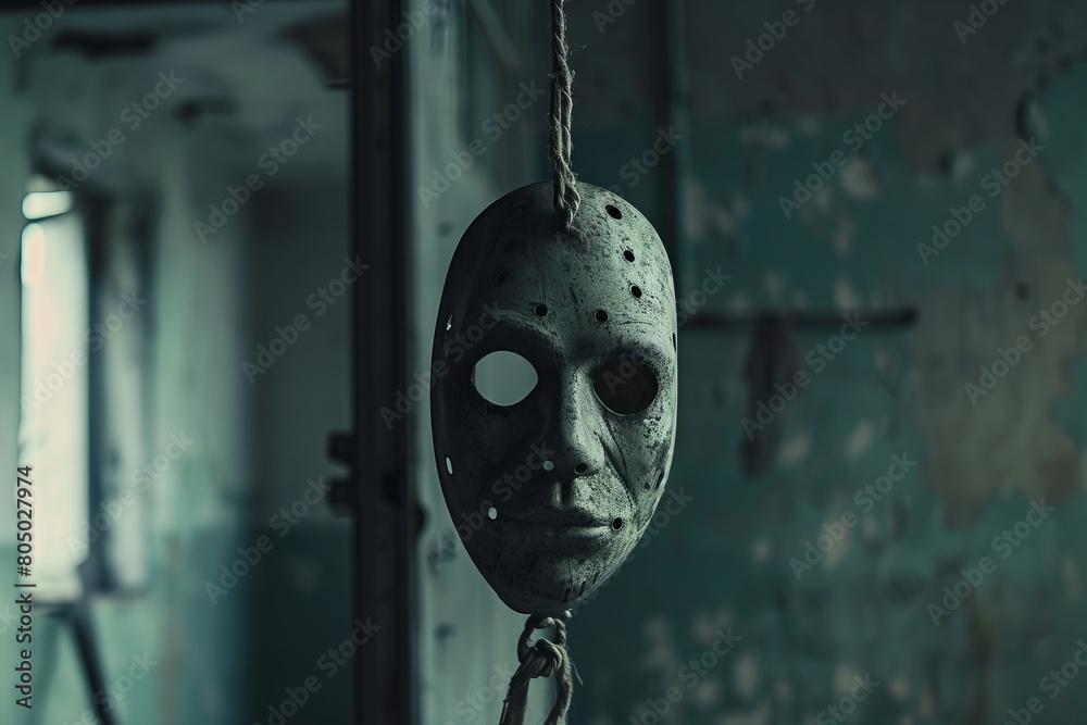 killers mask hanging ominously from a chain in a dimly lit room ...