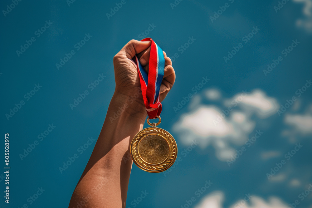 Persons hand holding gold medal against blue sky background. The winner ...