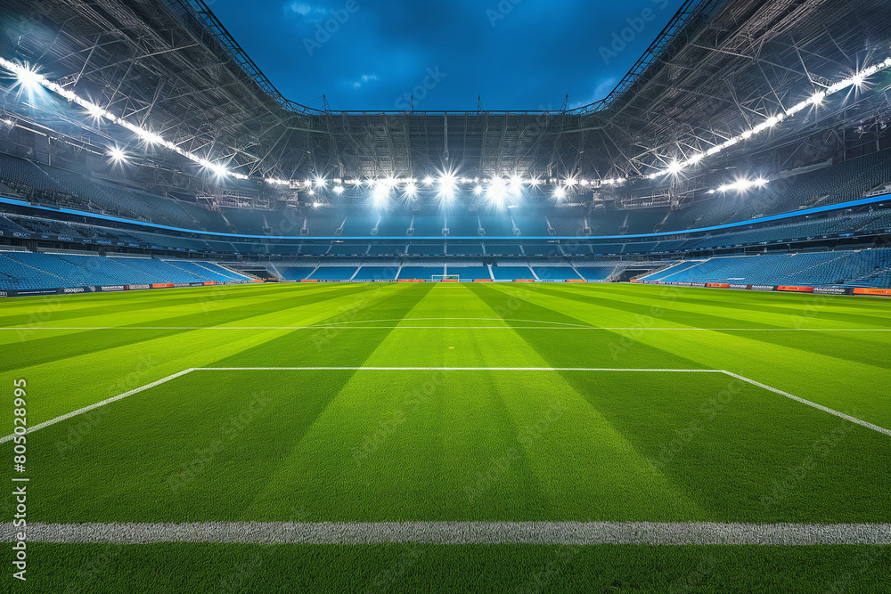 Green grass in sports arena with lights background. Soccer field lines ...