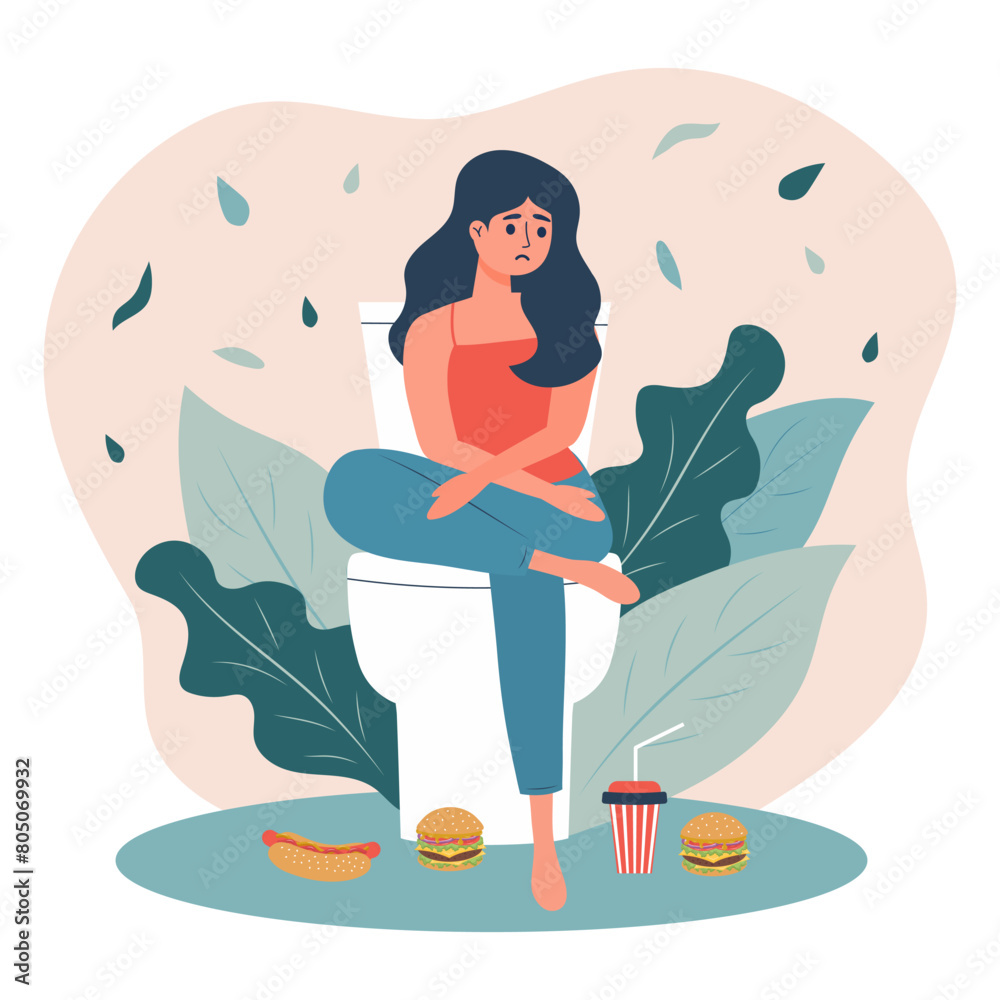 Eating disorder. Girl purge after eating. Sad girl sitting on toilet ...