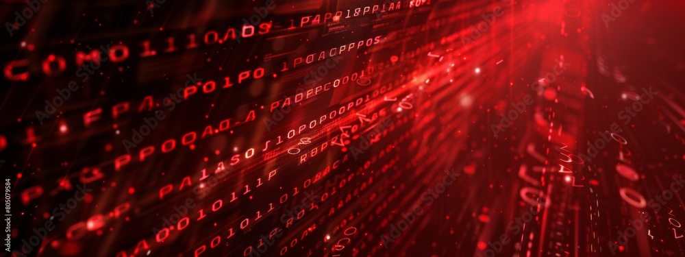 Digital background featuring glowing binary code and computer code on dark background, creating ...