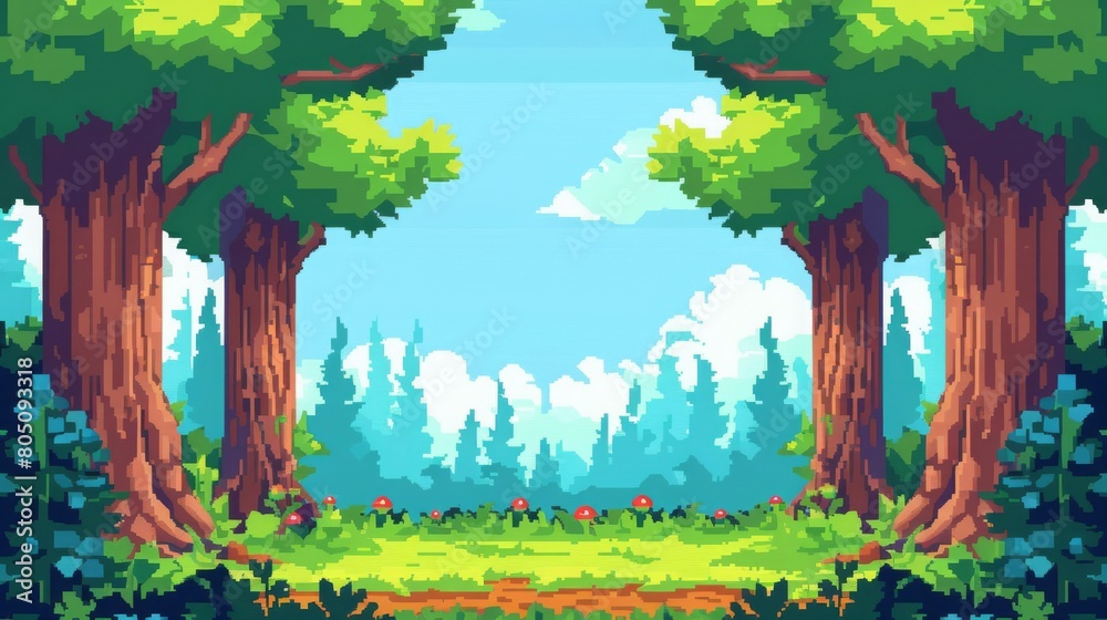 Pixel art forest opening framing a distant misty landscape, Concept of ...