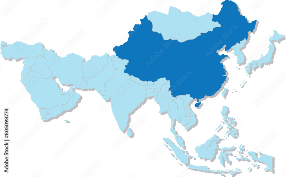 Highlighted blue map of CHINA inside light blue 3D blank political map ...