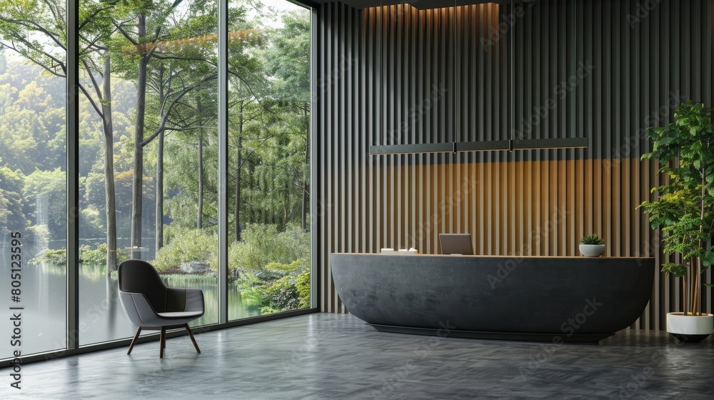 Office lobby interior reception desk and waiting space, panoramic ...